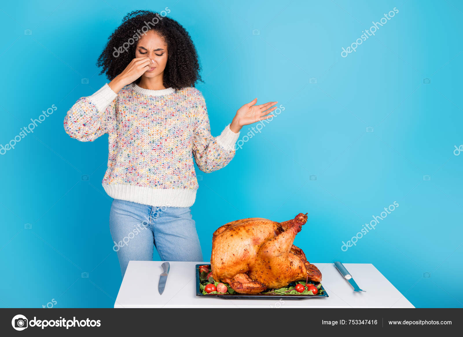 Photo Portrait Pretty Young Girl Celebrate Thanksgiving Smell Spoiled ...