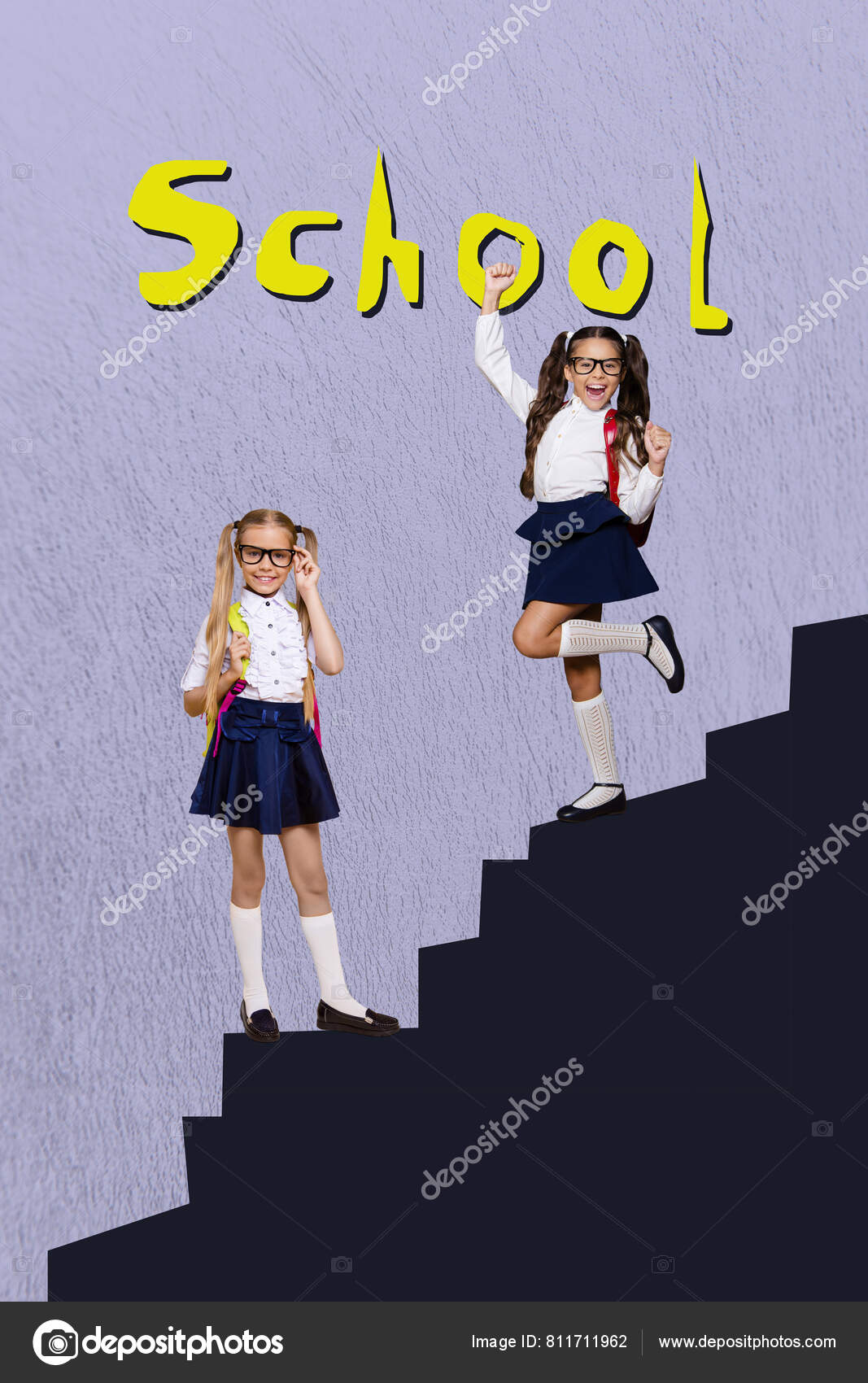 Art Image Vertical Photo Collage Two Happy Schoolgirls Classmates Stand ...