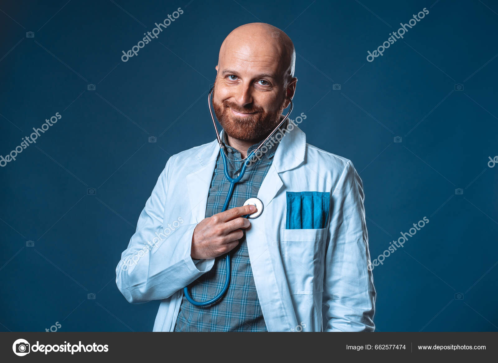 Photo Cheerful Doctor Beard Stethoscope Posing Smiling Camera Blue ...