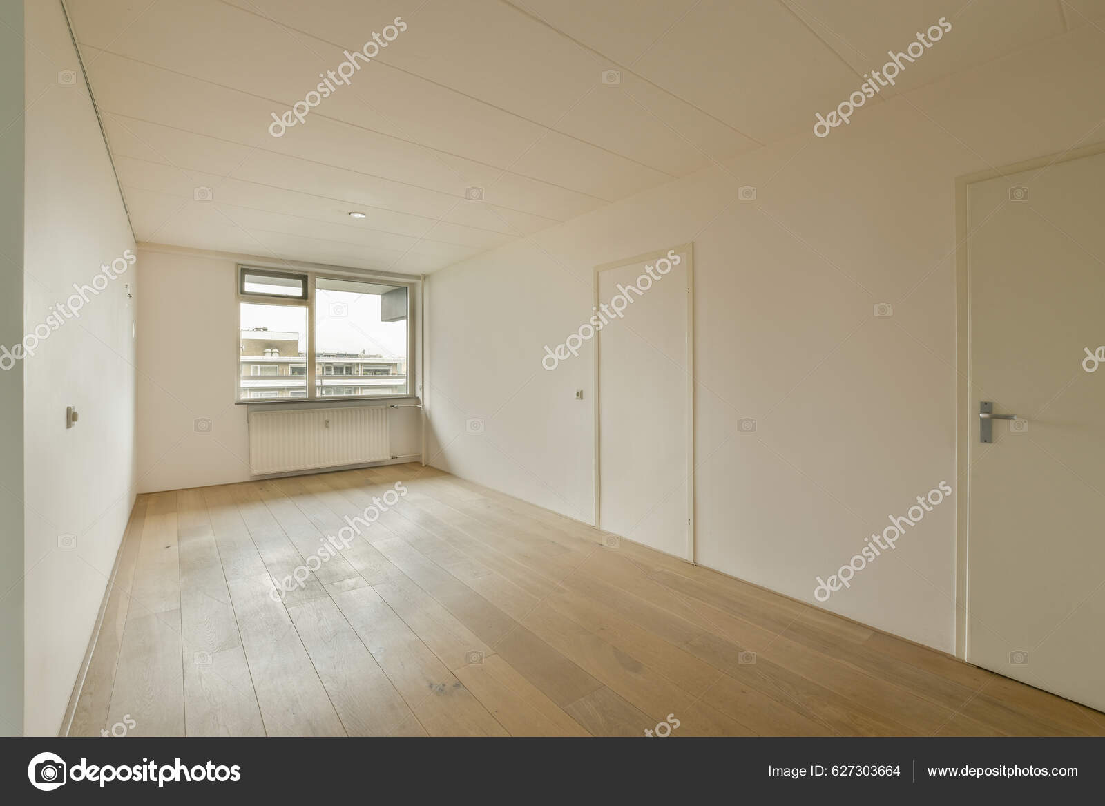 Empty Room White Walls Wood Flooring Right Side Room Window — Stock ...