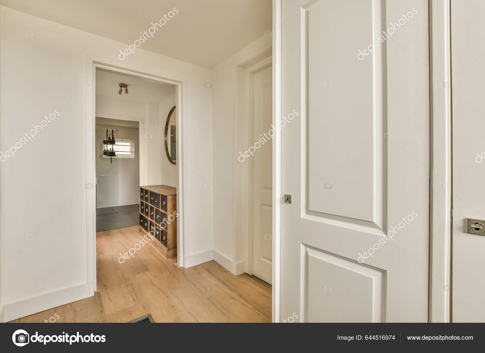 Hallway White Doors Wood Flooring Right Hand Side Door Entry — Stock ...