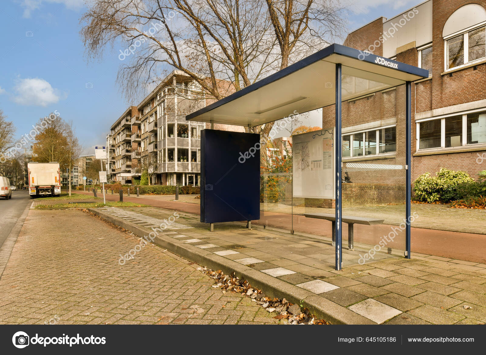 Bus Stop Side Street Front Building Trees Buildings Stock Photo by ...