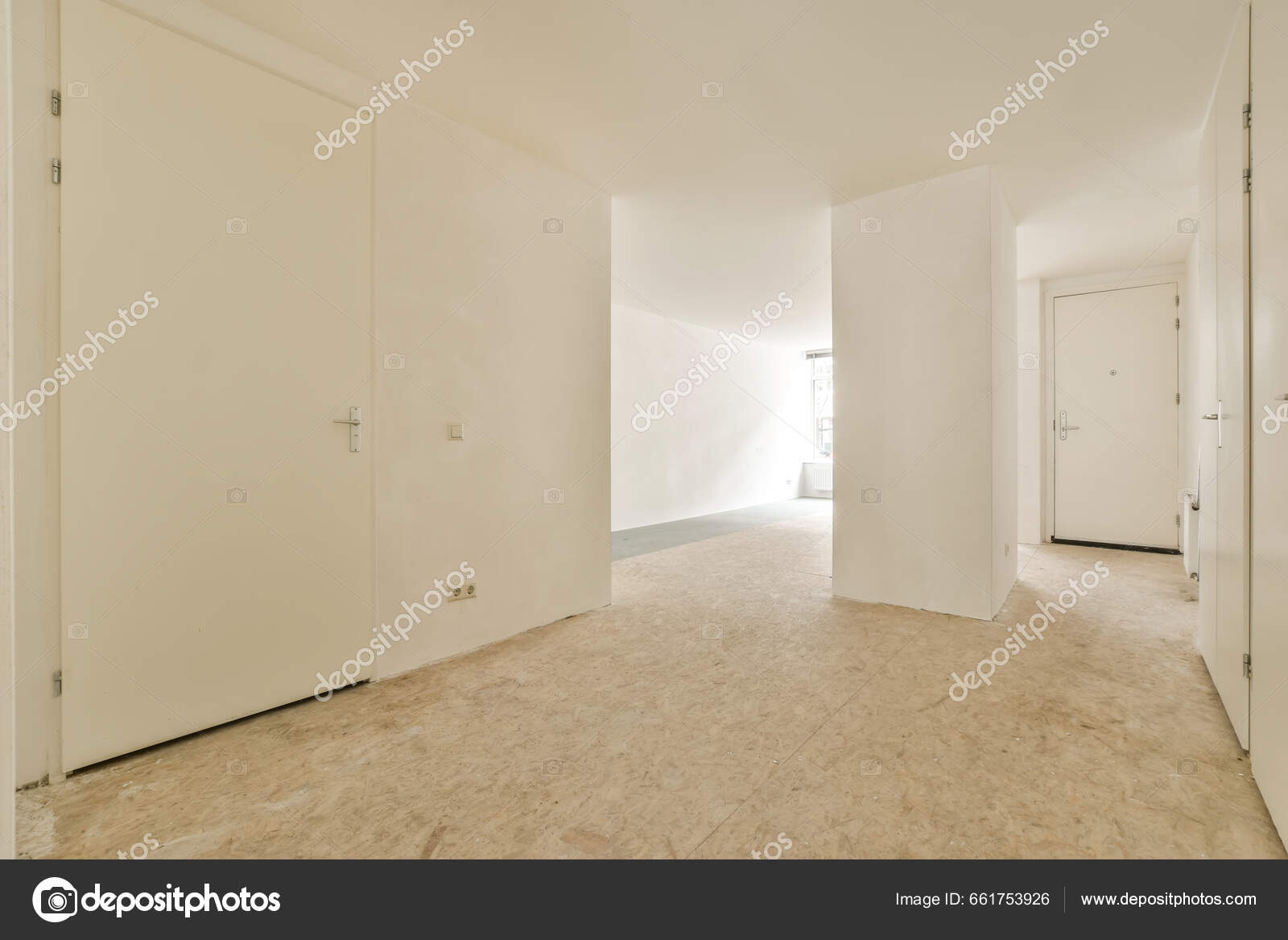 Empty Room White Walls Wood Flooring Middle Part Room Door — Stock ...
