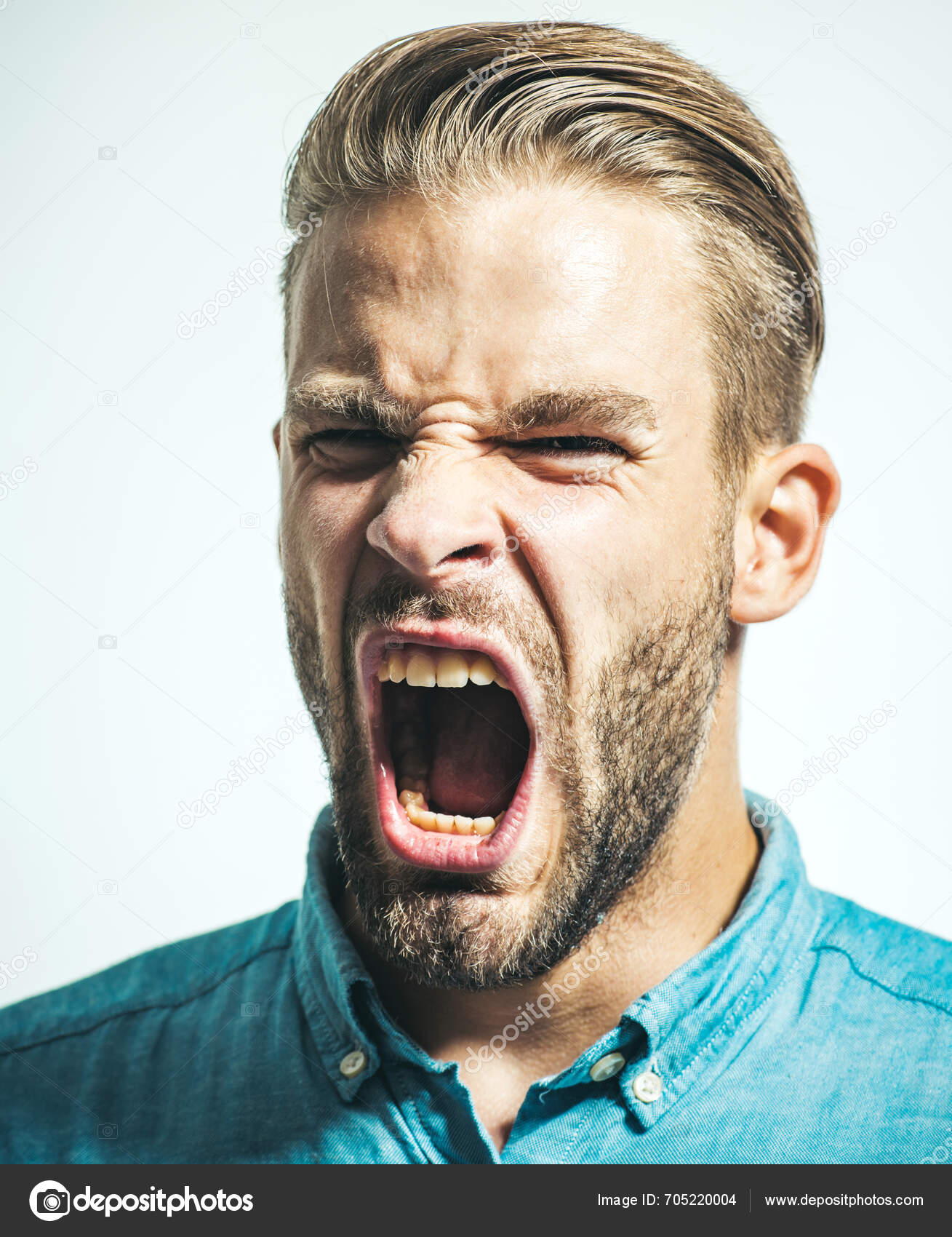 Closeup Portrait Angry Displeased Man Screaming Furious Man Mouth