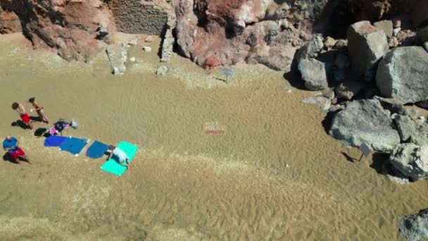Drone Top View People Sunbathing Towels Sand Greek Beach — Stock Video ...