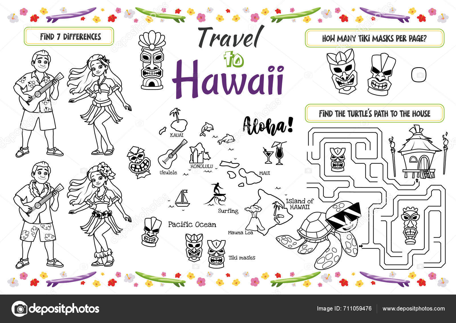 Fun Placemat Kids Printable Travel Hawaii Activity Sheet Labyrinth Find ...