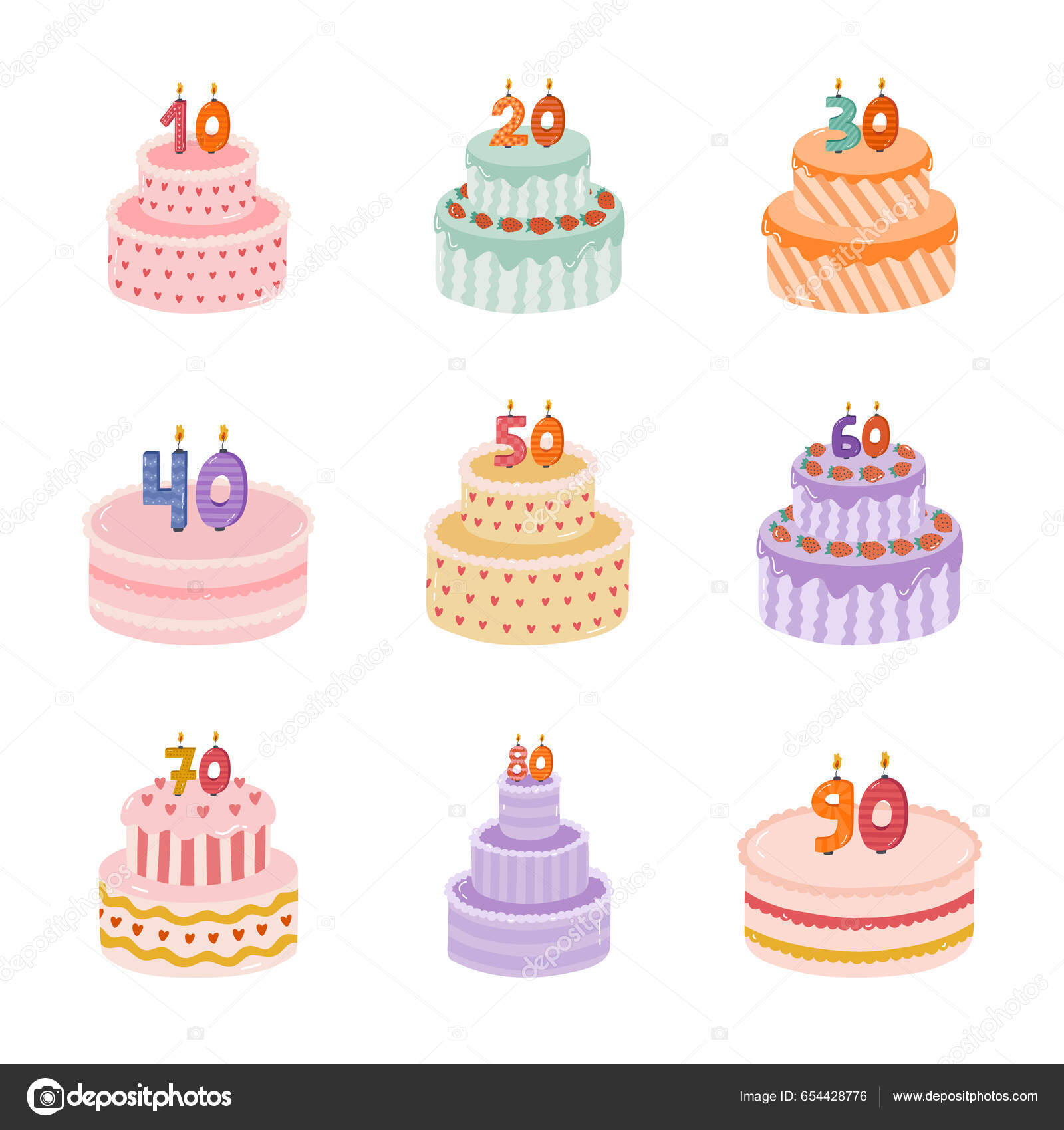Set Birthday Cake Burning Candles Form Numbers Dessert Celebration Each ...