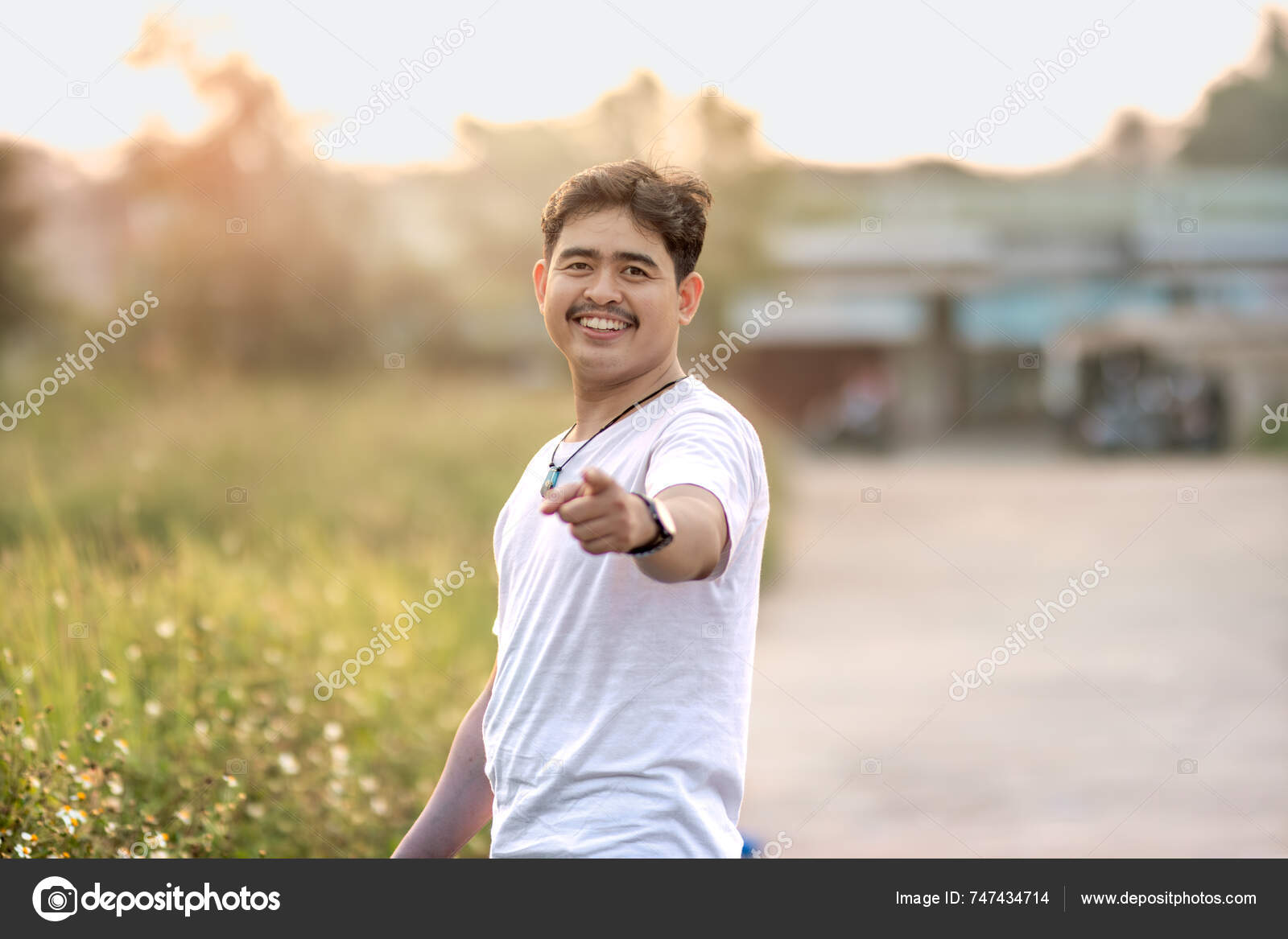 Man Standing Smiling Man Points Camera Sunny Afternoon — Stock Photo ...