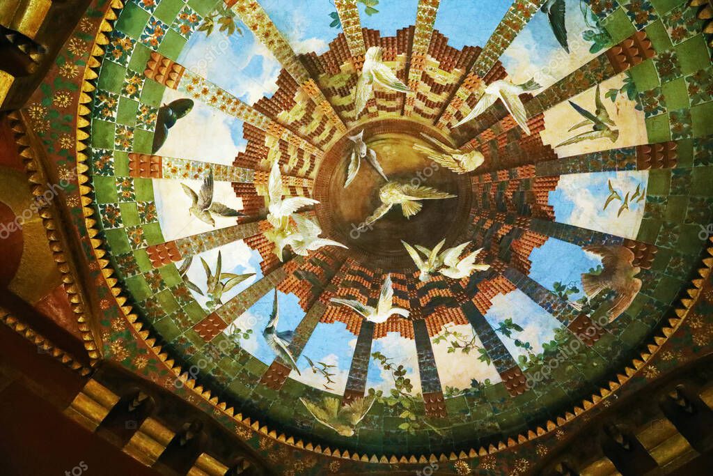 Barcelona, Spain - August 5, 2022: Painted ceiling with birds in casa ...