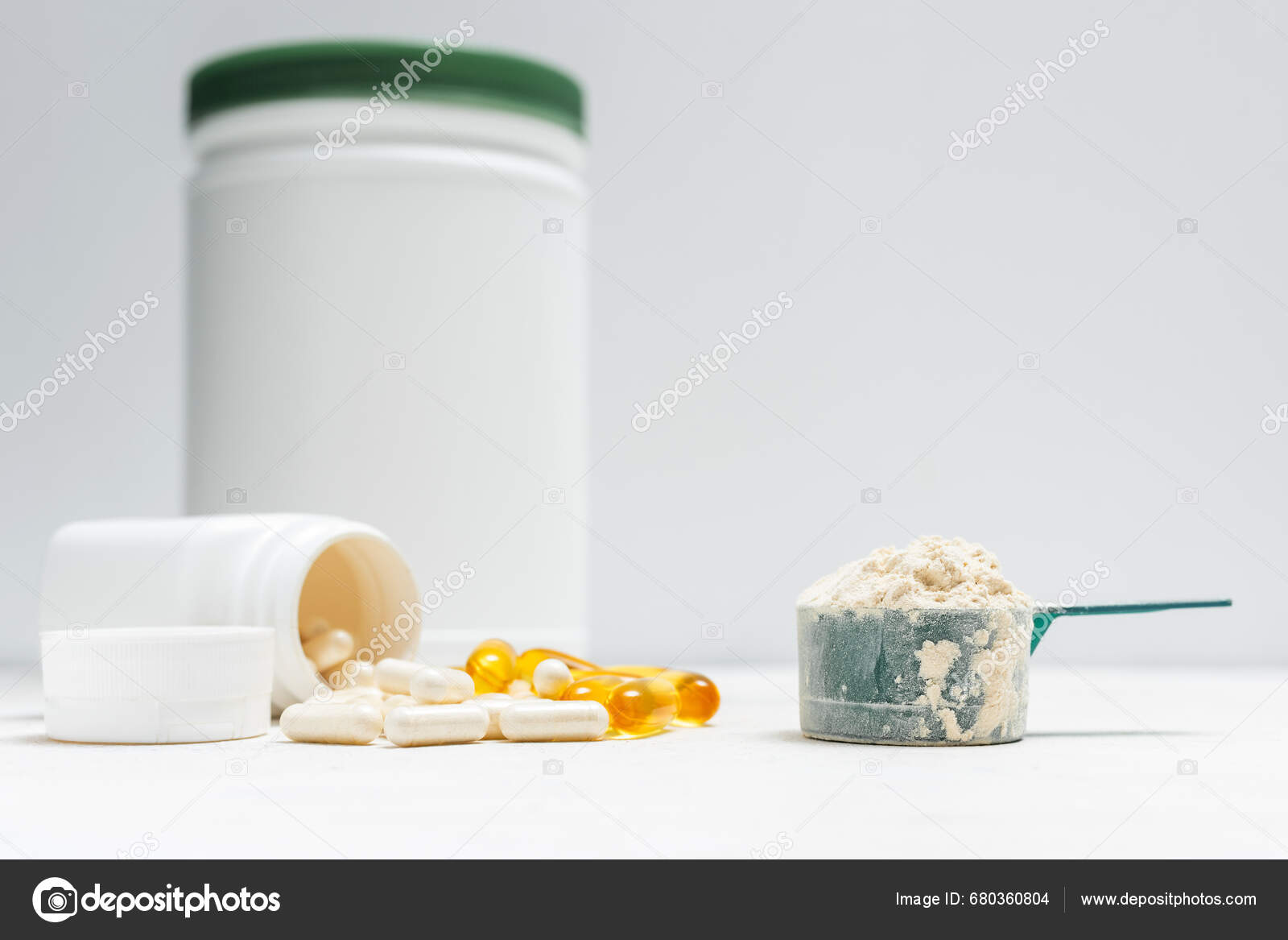 Whey Protein Powder Measuring Spoon White Capsules Amino Acids Vitamins ...