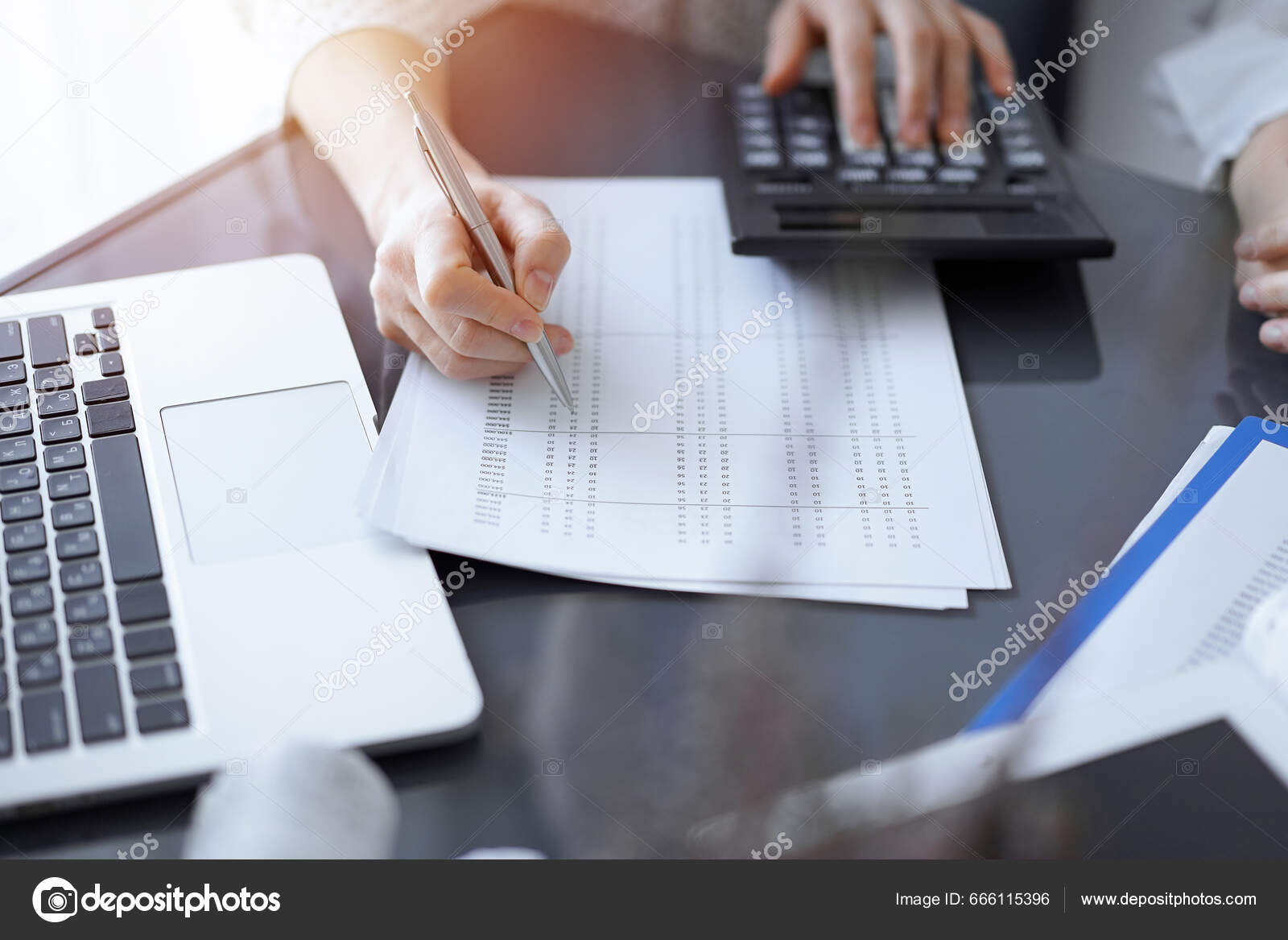 Woman Accountant Using Calculator Laptop Computer While Counting Taxes ...