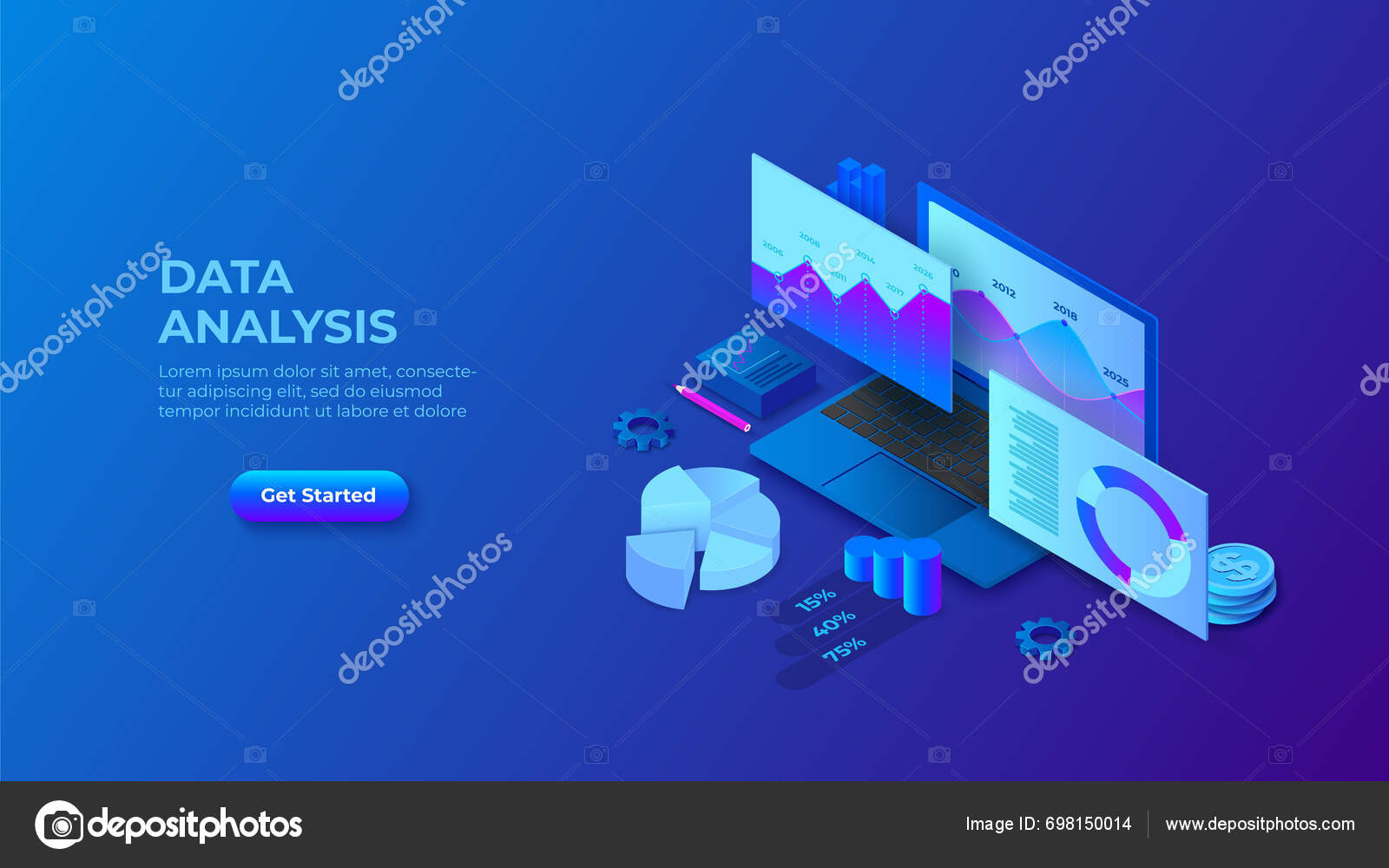 Data Analysis Design Concept Laptop Charts Dark Isometric Vector ...