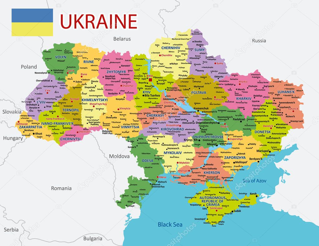 Political map of Ukraine with borders of the regions. Administrative ...