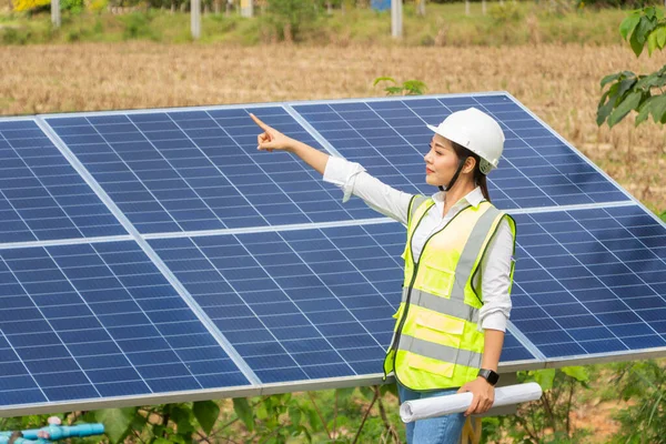Female Manager Engineer Safety Helmet Checking With Tablet An Operation ...