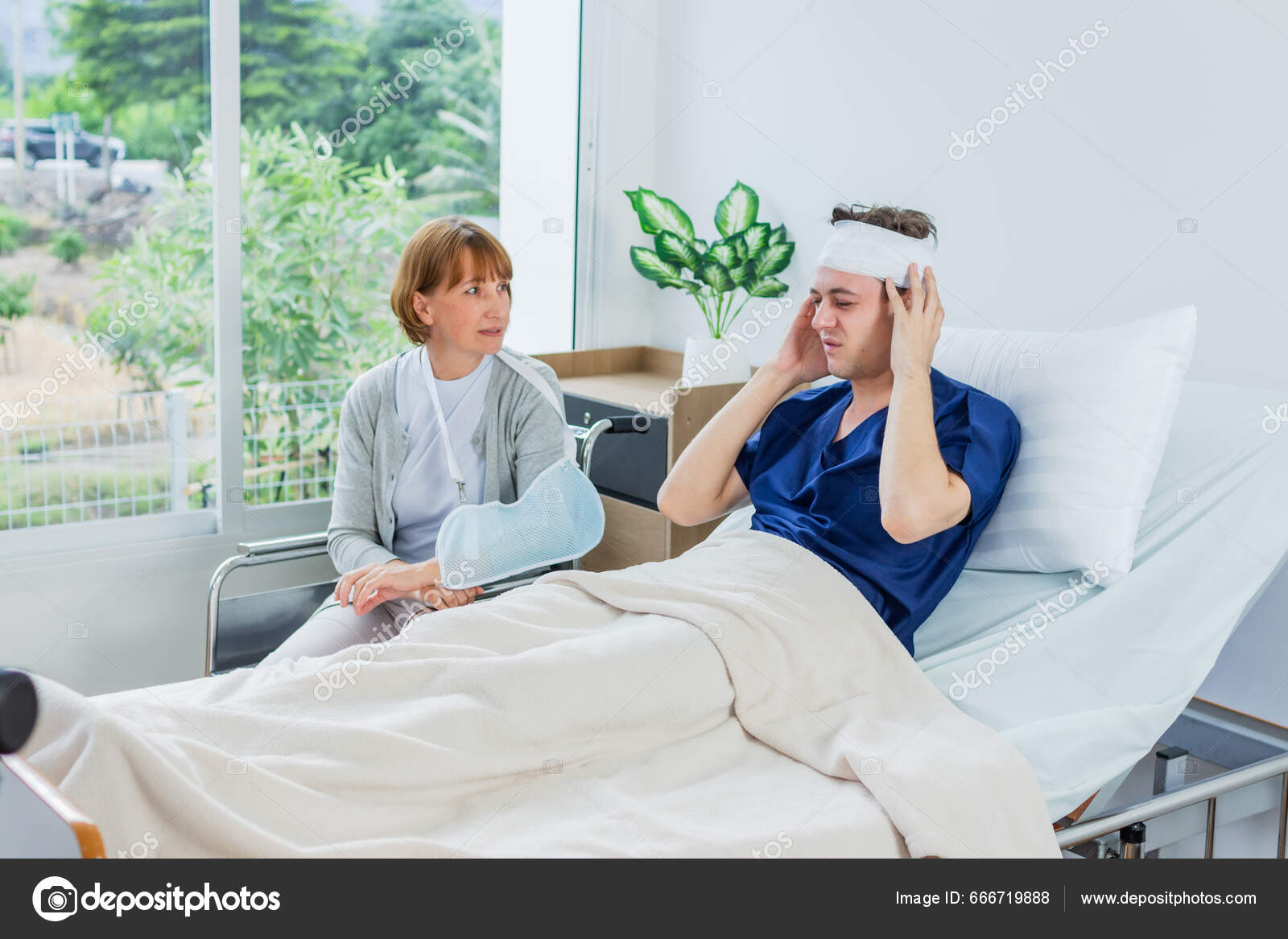 Patient Has Headache While Lying Hospital Room Gauze Bandage Wrapped ...