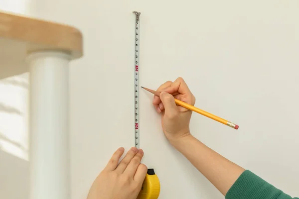 Diy Interior Hand Motion Closeup Wallpaper Length Measurement Stock ...