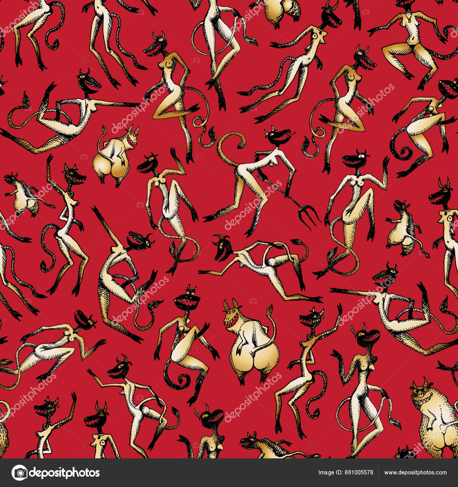 Vector Seamless Pattern Humorous Black Gold Dickens Silhouette Devils ...