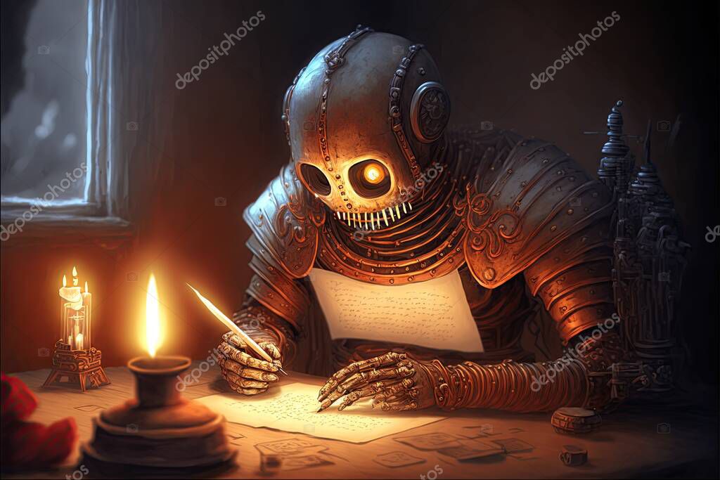 Robot writing a letter using Artificial Intelligence. Concept of AI ...