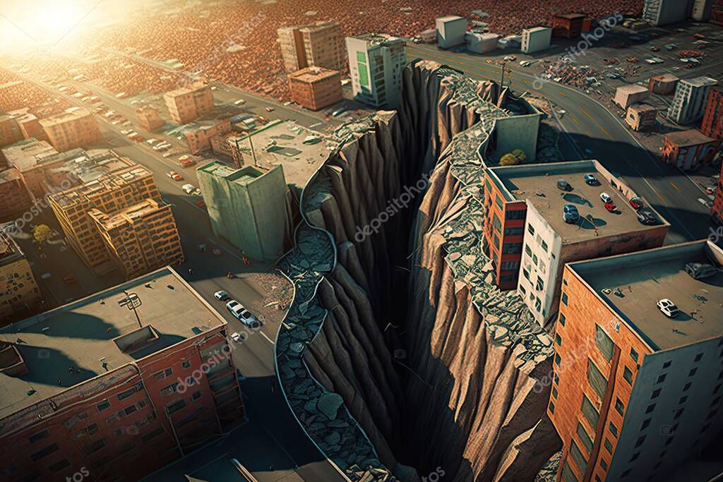 city rocked by earthquake with ground cracking and structures ...