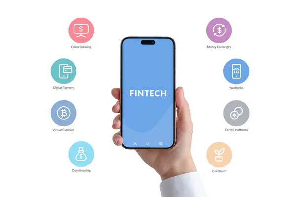 Smartphone muestra una aplicación fintech rodeado de iconos de servicios fintech populares ...