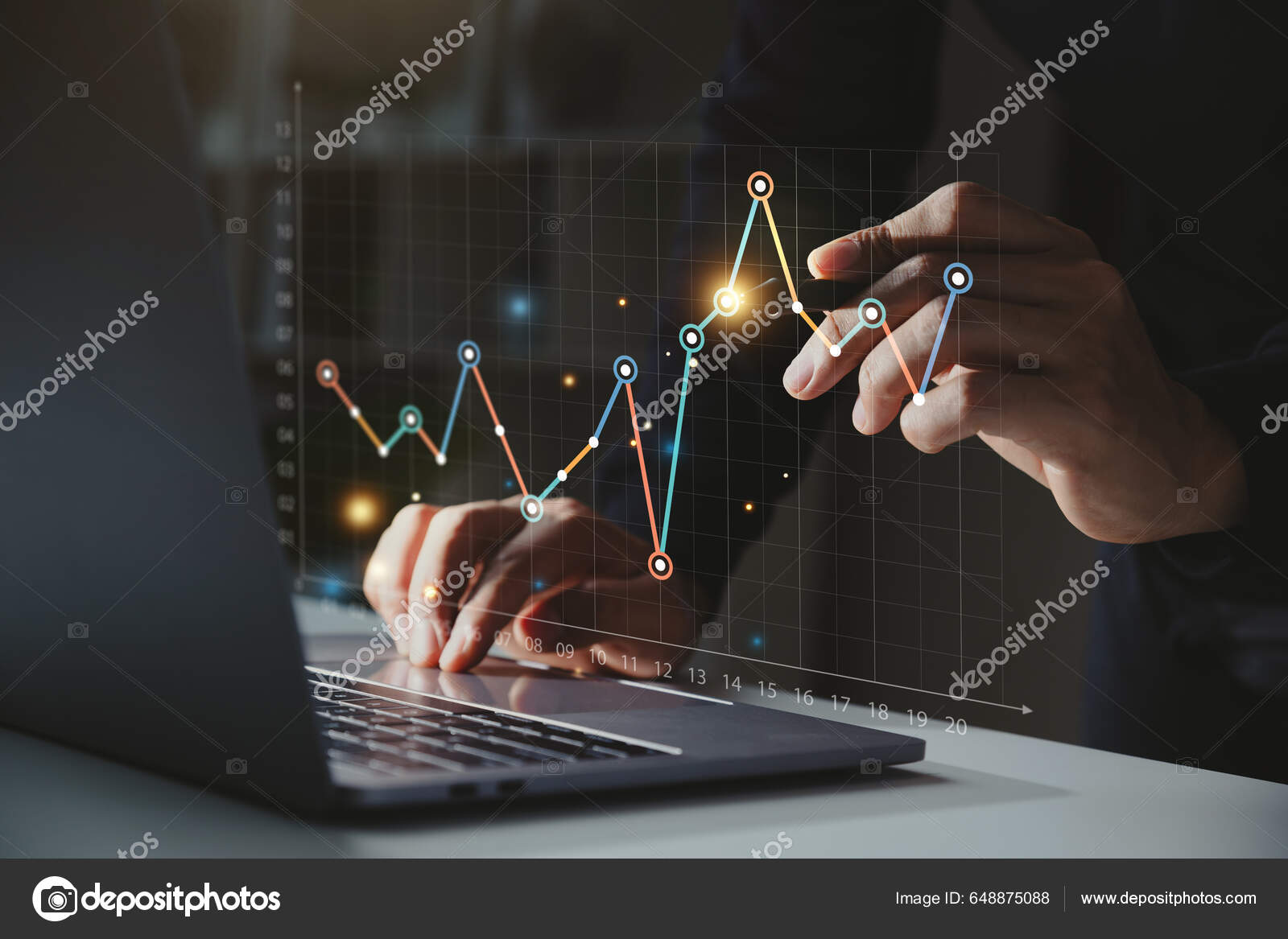 Businessman Using Computer Graph Growth Analysis Virtual Screen Growing ...