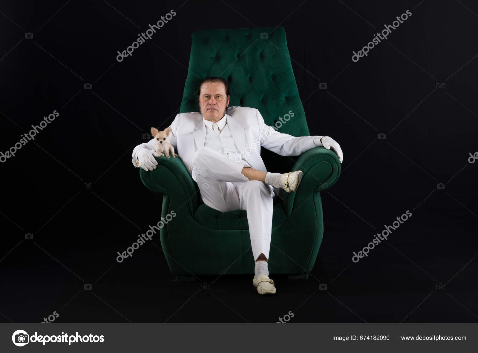 Rich Man White Suit Sits Chair Black Studio Background — Stock Photo ...