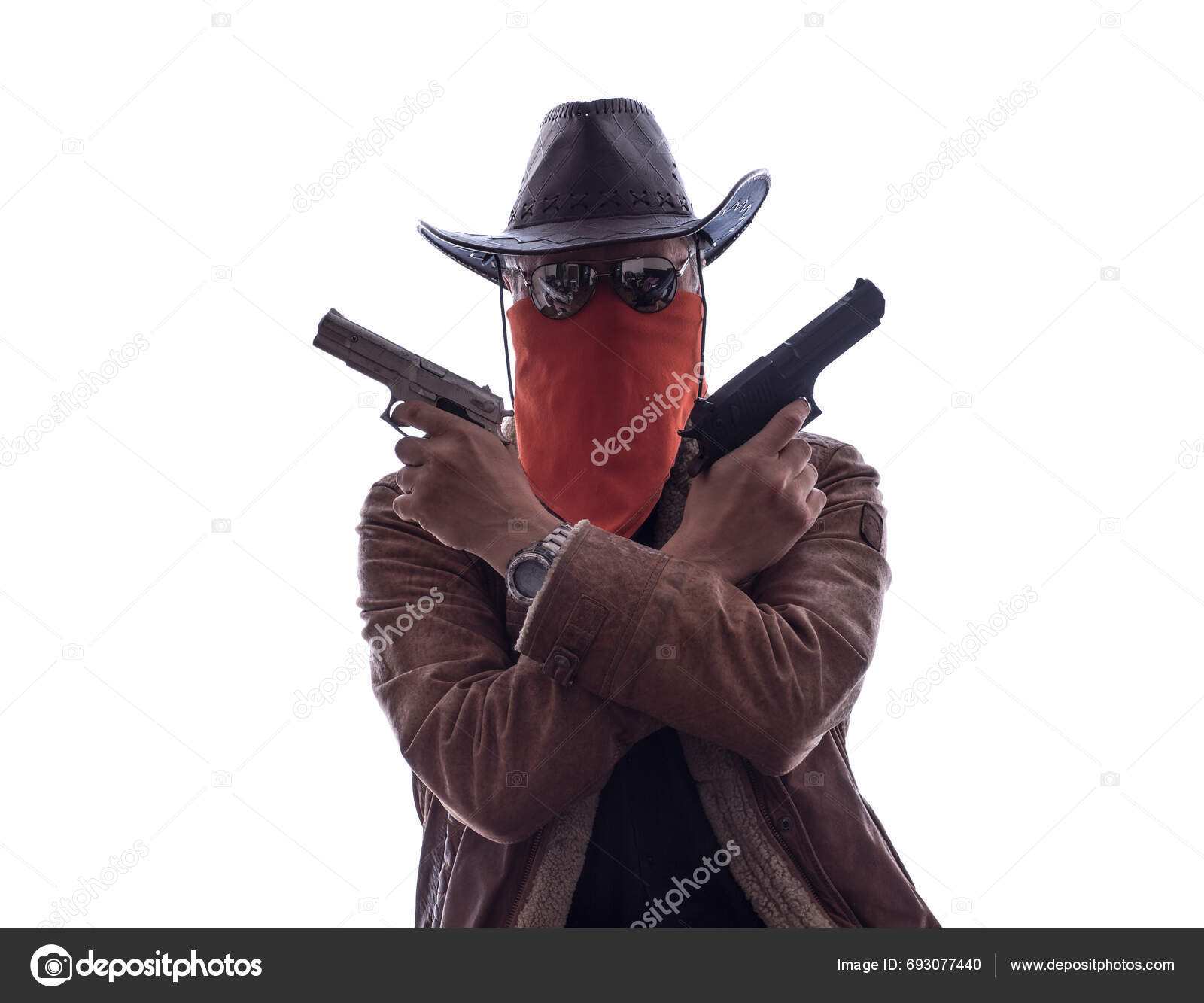 Cowboy Bandit Outlaw Covered Face Hat — Stock Photo © serikbaib #693077440