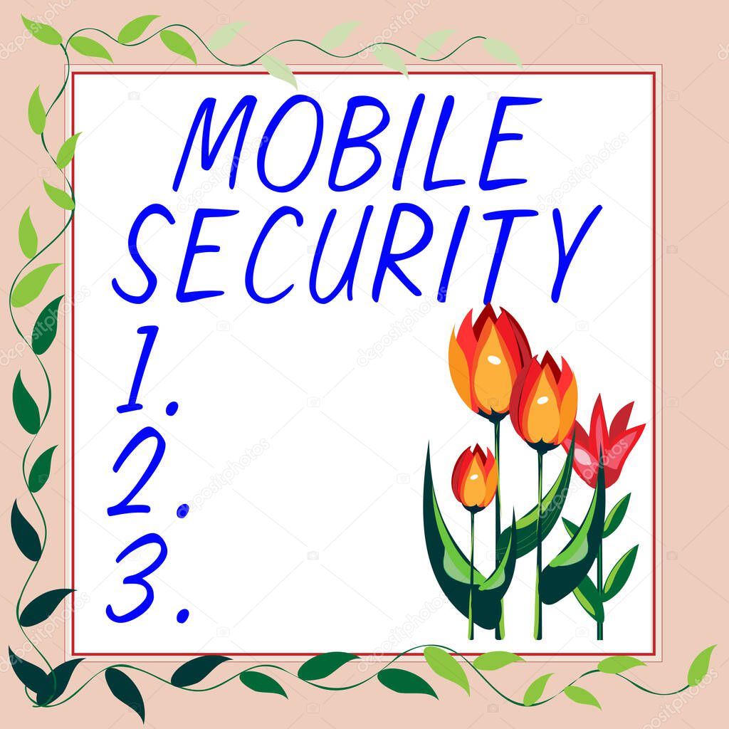 Signo de texto que muestra la seguridad m vil, los esfuerzos del concepto de negocio para ...