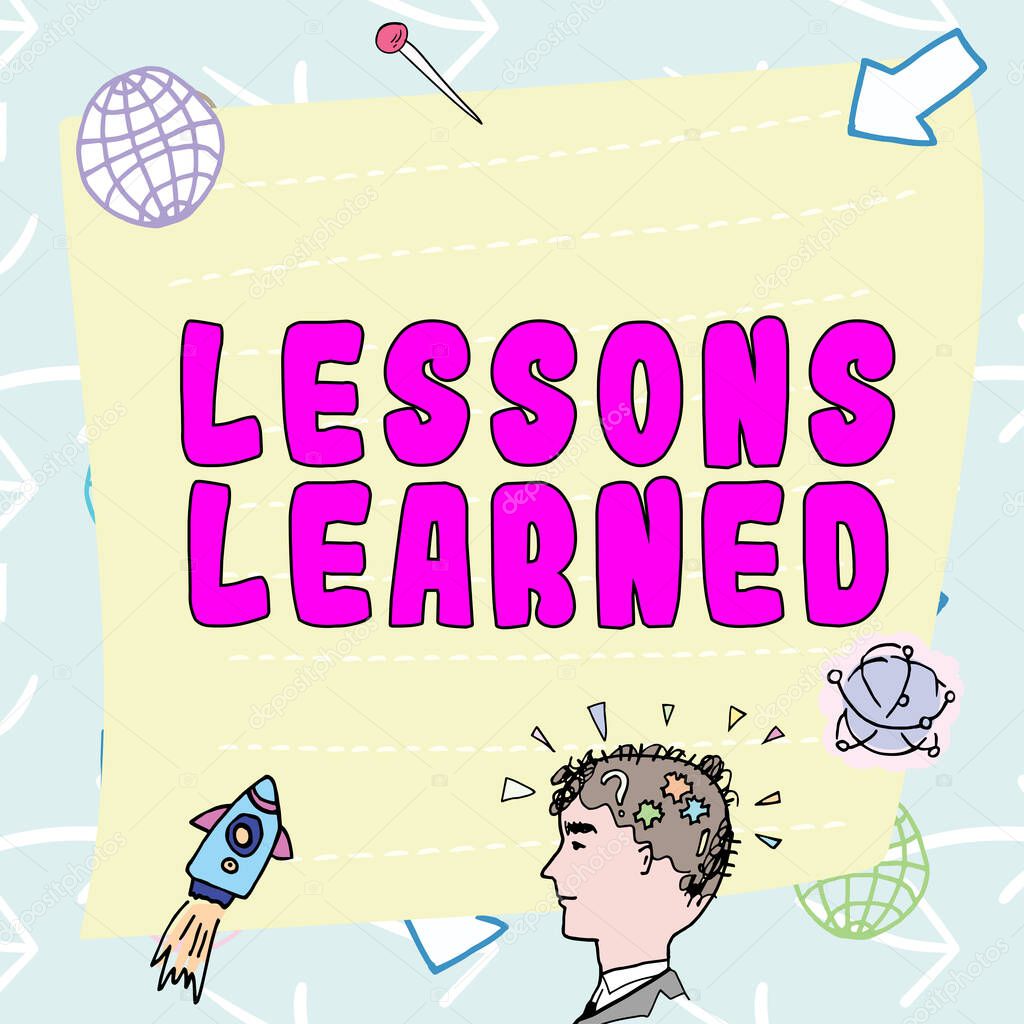Signo de texto que muestra Lecciones aprendidas, Concepto que significa ...