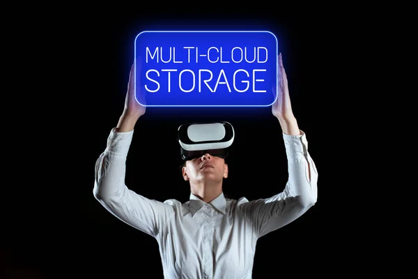 Text caption presenting Multi Cloud Storage, Business approach use of multiple cloud computing ...