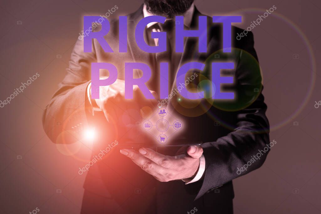 Leyenda conceptual Right Price, enfoque empresarial la cantidad de ...