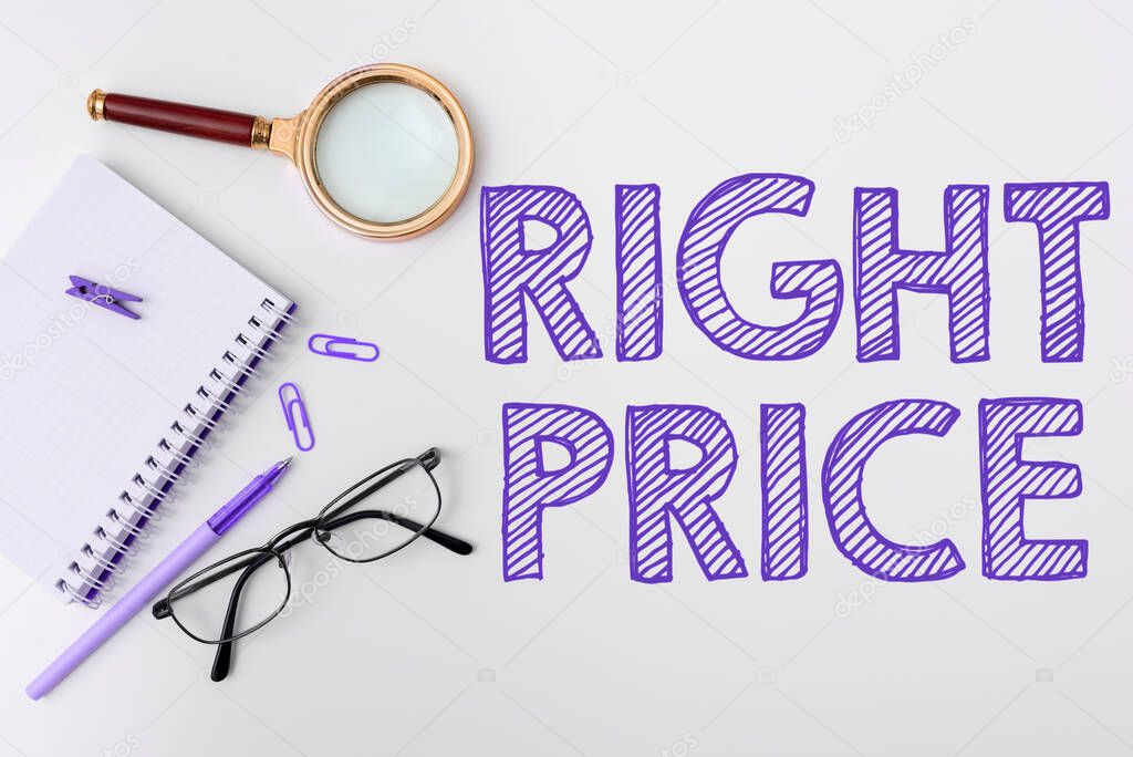 Leyenda conceptual Right Price, Business muestra la cantidad de dinero ...
