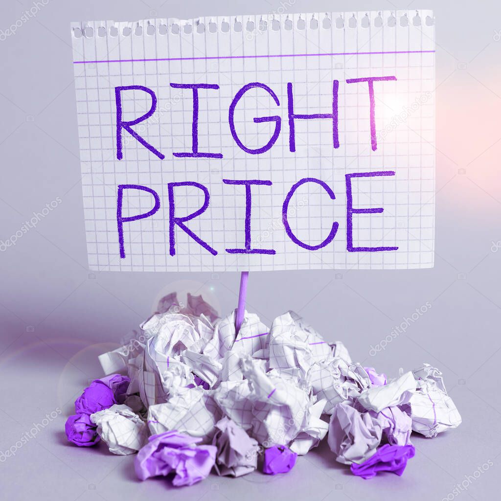 Señal que muestra el precio correcto, concepto que significa la ...