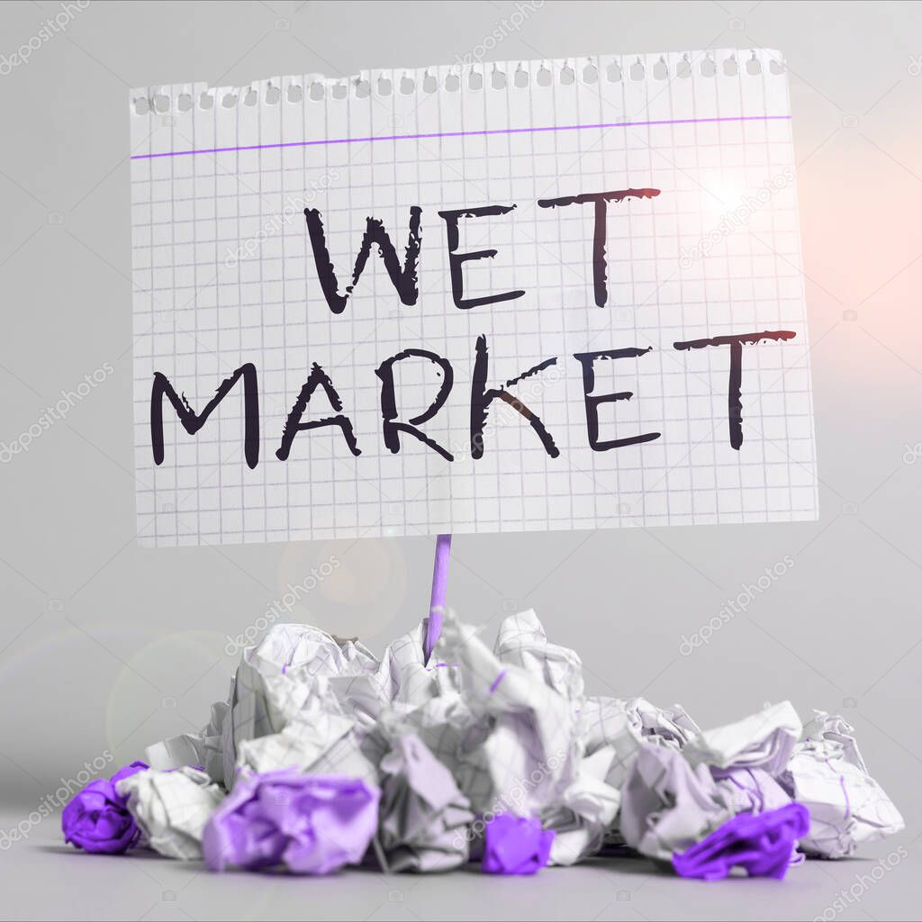 Señal de texto que muestra el mercado húmedo, palabra para el mercado ...