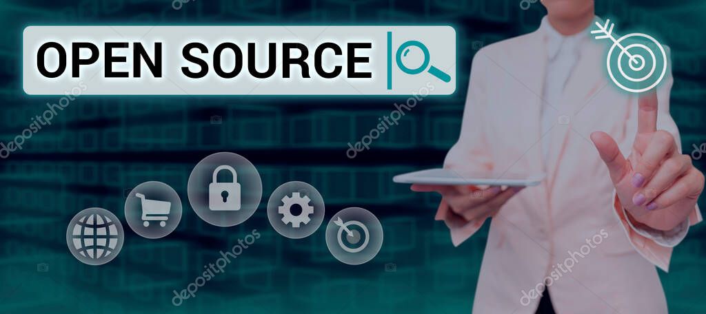 Signo de texto que muestra el código abierto, el software de foto ...