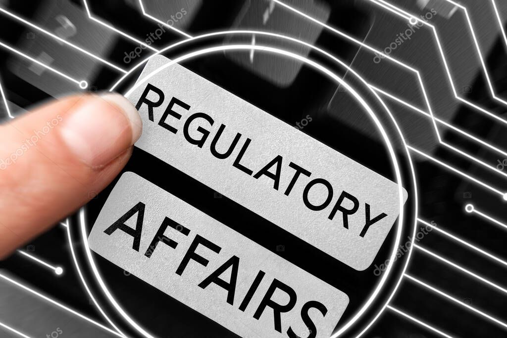 Firma mostrando Asuntos Regulatorios, Palabra escrita sobre el deseo de ...