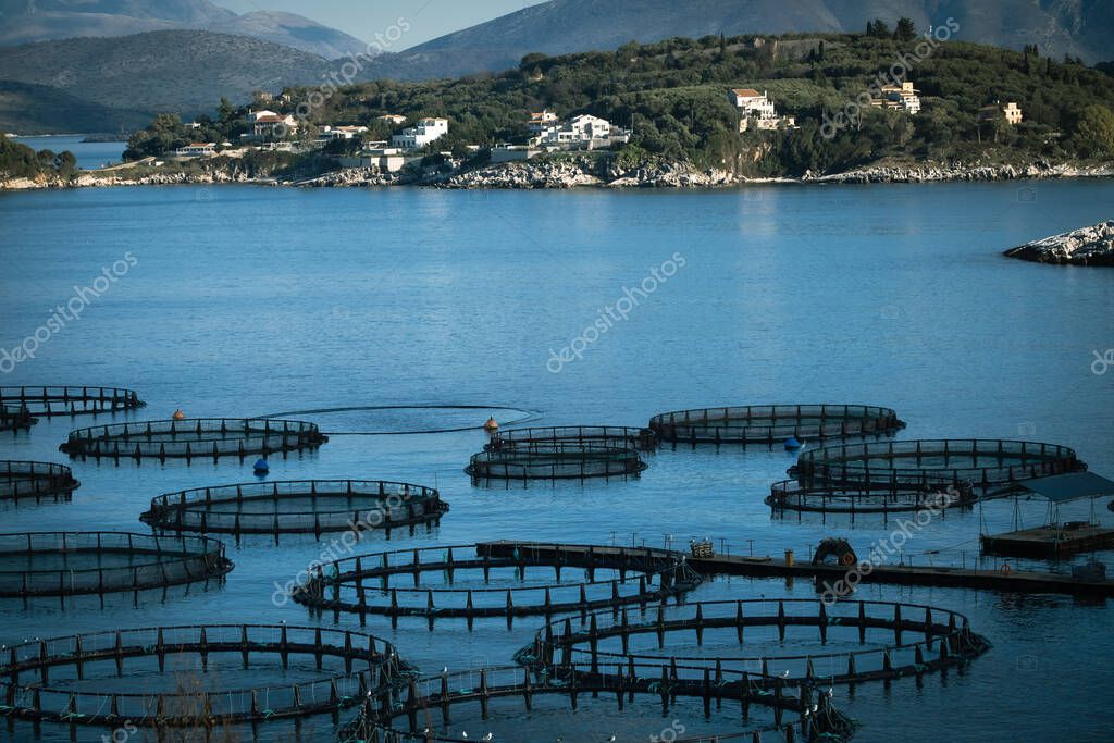Vista de las jaulas de las granjas de peces marinos y redes de pesca ...