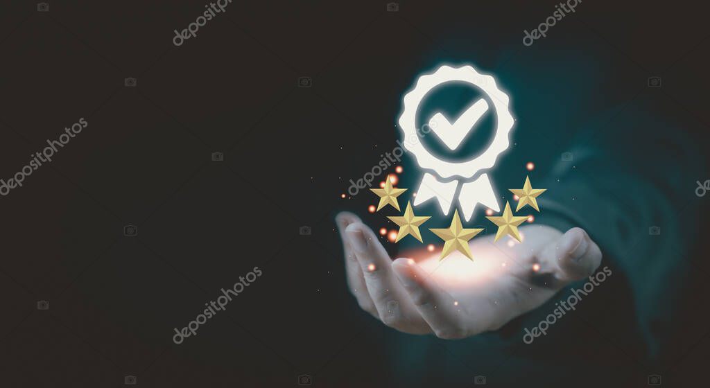 Hand shows the sign of the top service Quality assurance, Guarantee ...