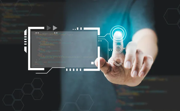 Software apps binary coding technology developer and IT revolution. Digital software development ...