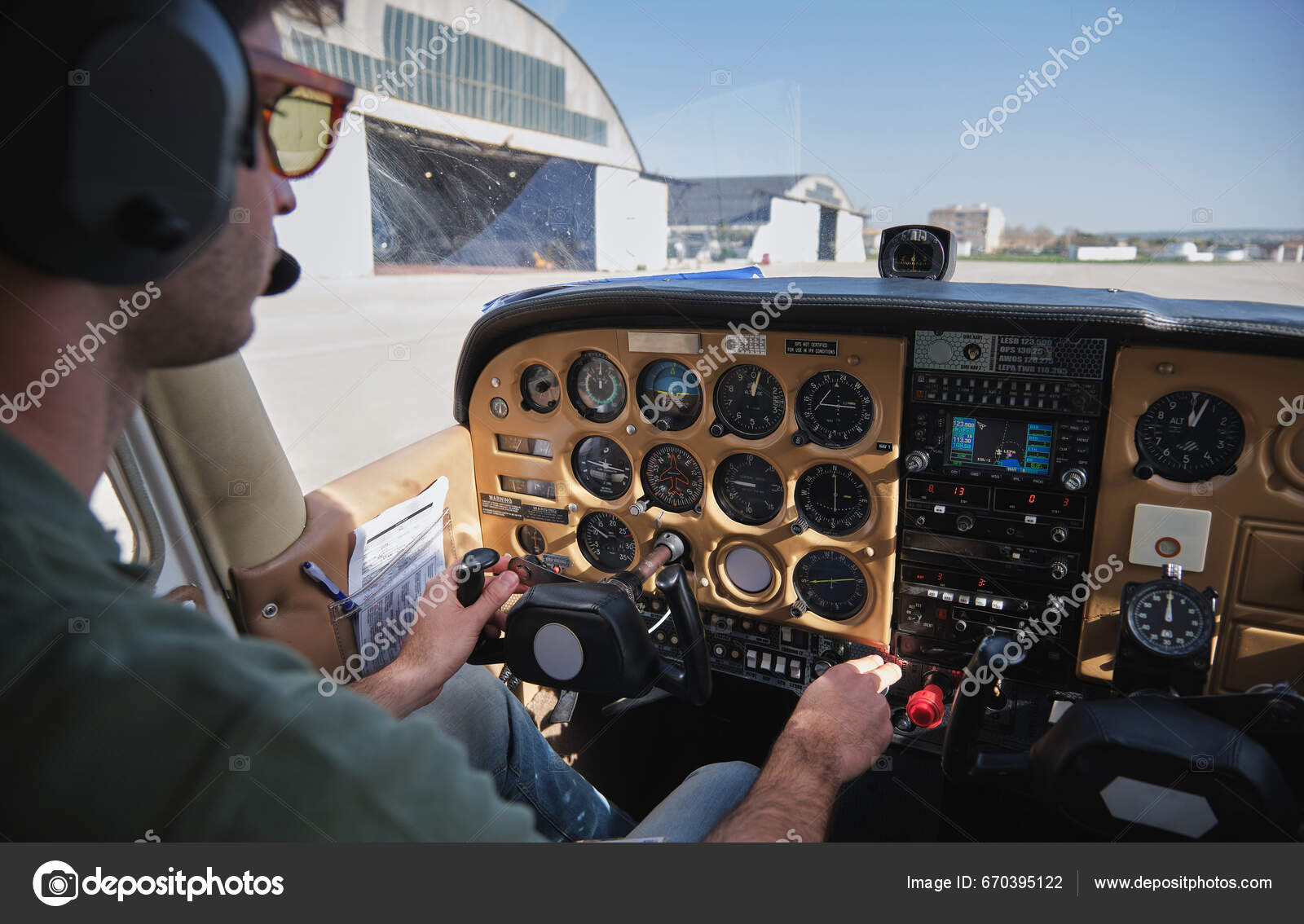 Side View Crop Focused Young Male Aviator Casual Clothes Pushing ...