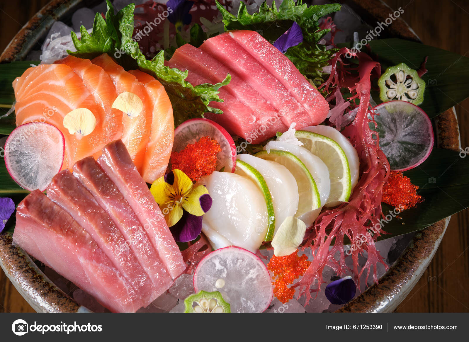 Top View Palatable Sashimi Assorted Fresh Vegetables Seafood Served ...