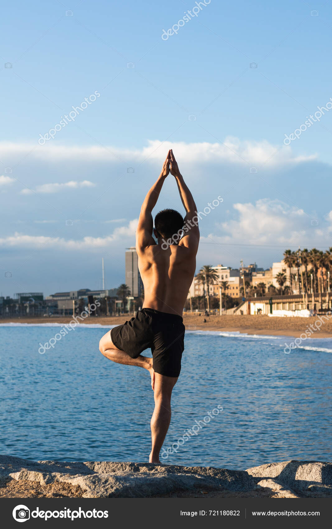 Full Body Back View Shirtless Muscular Male Performing Tree Pose ...