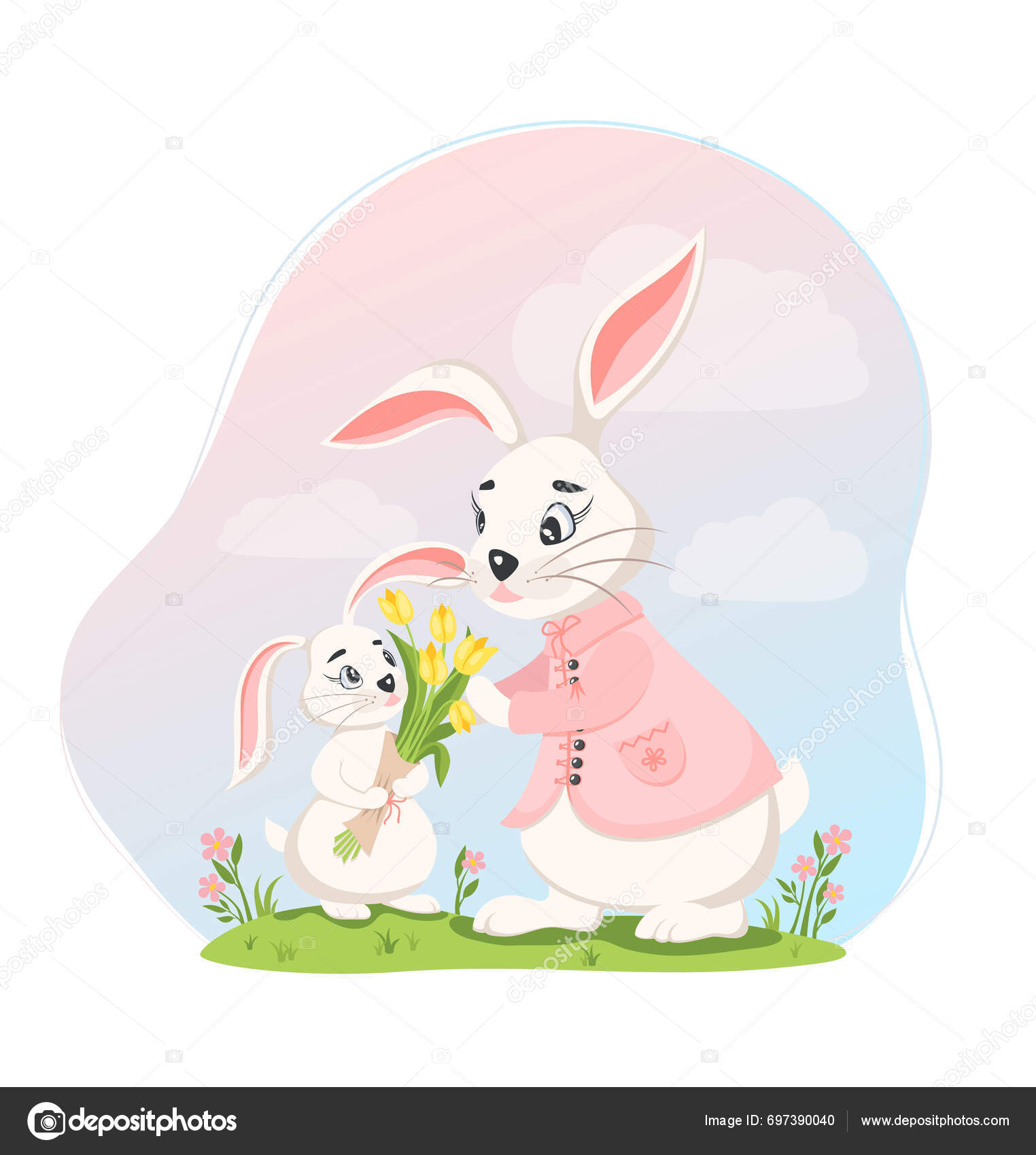 Cute Spring Illustration Bunnies Flowers Little Bunny Giving Flowers ...