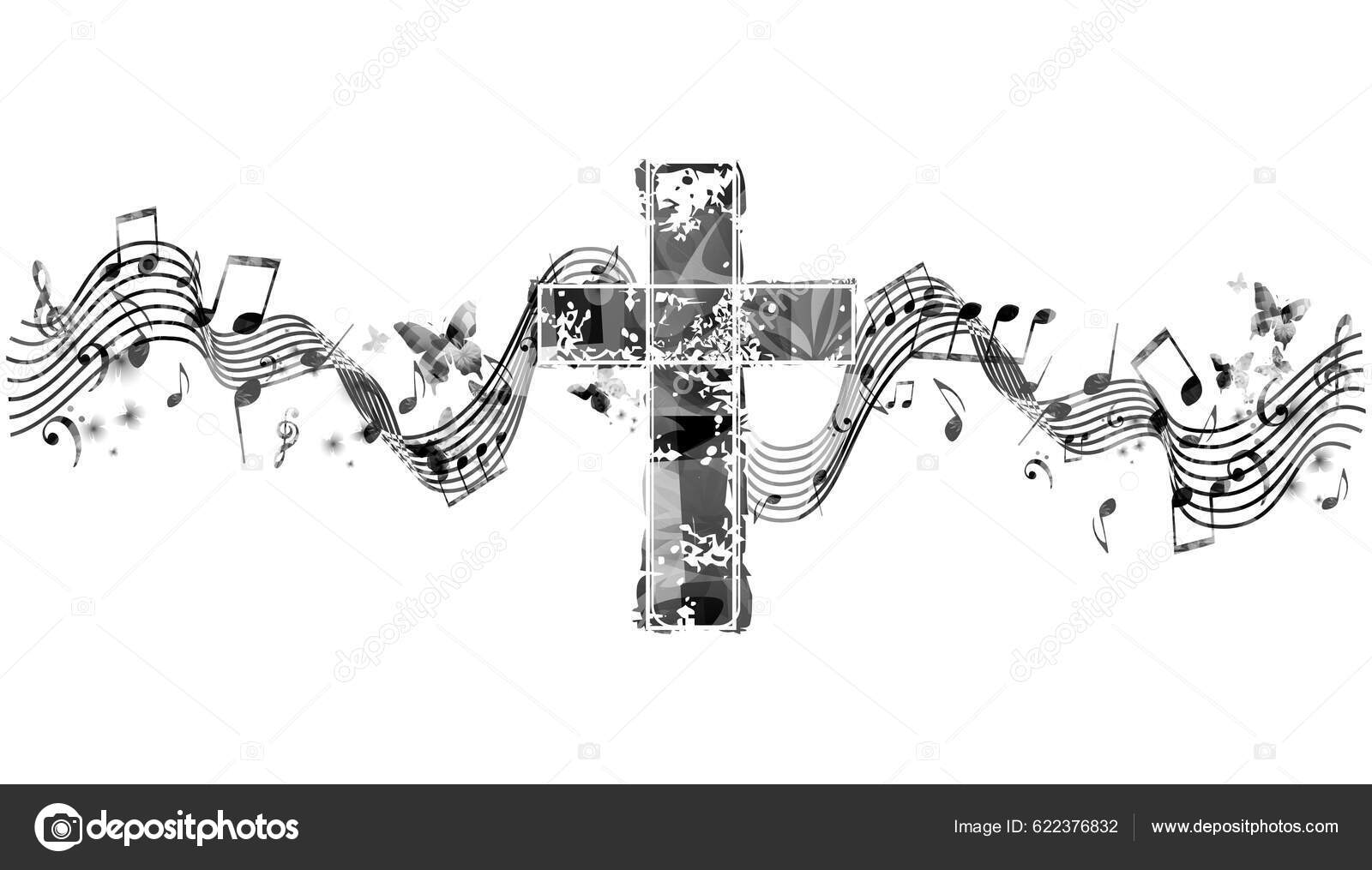 Kristen Kors Med Noter Stav Isolerad Vitt Vektorillustration Religion ...