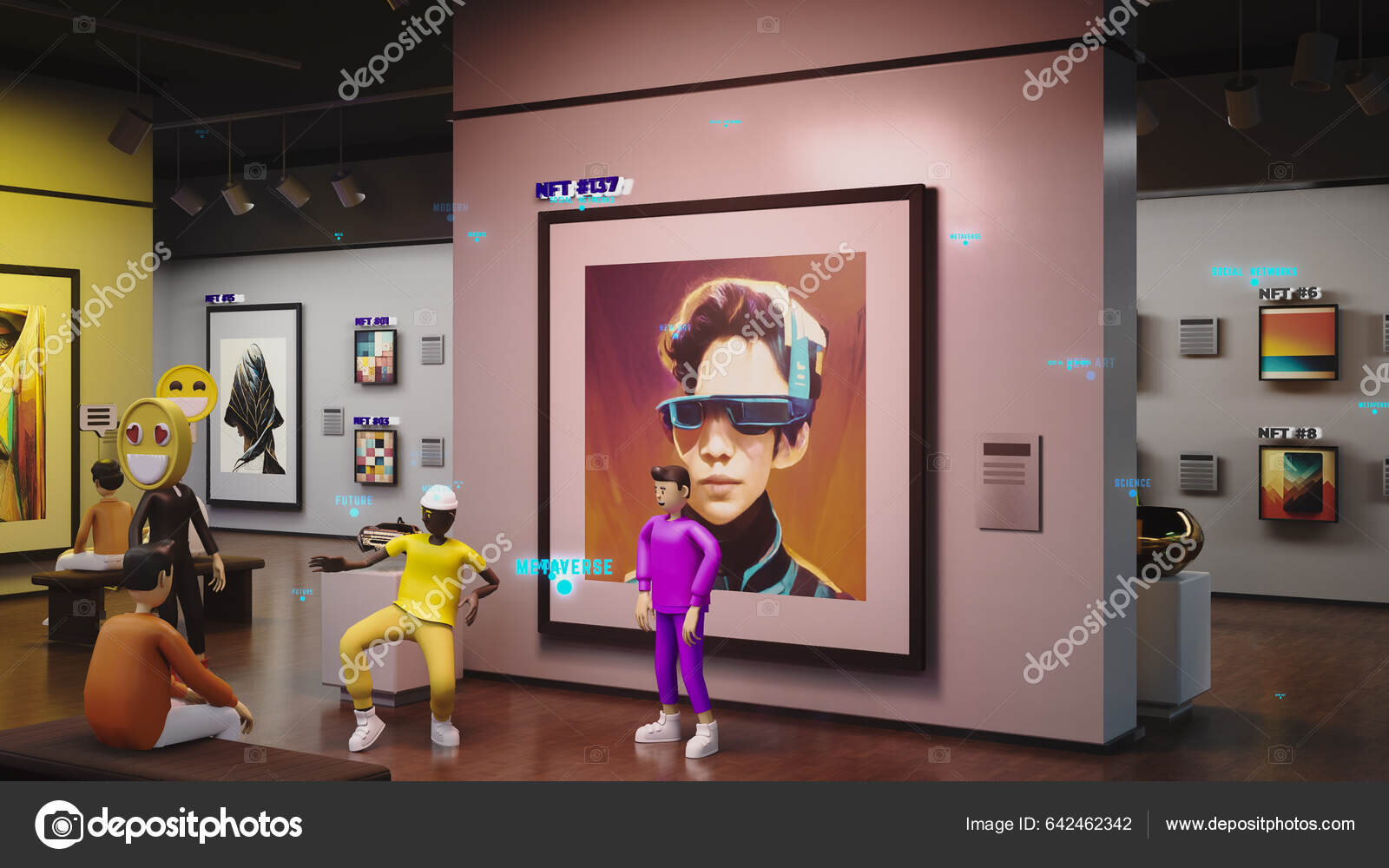 Render Avatars Emotions Icons Futuristic Immersive Virtual Museum Exhibition Nft — Foto de stock ...