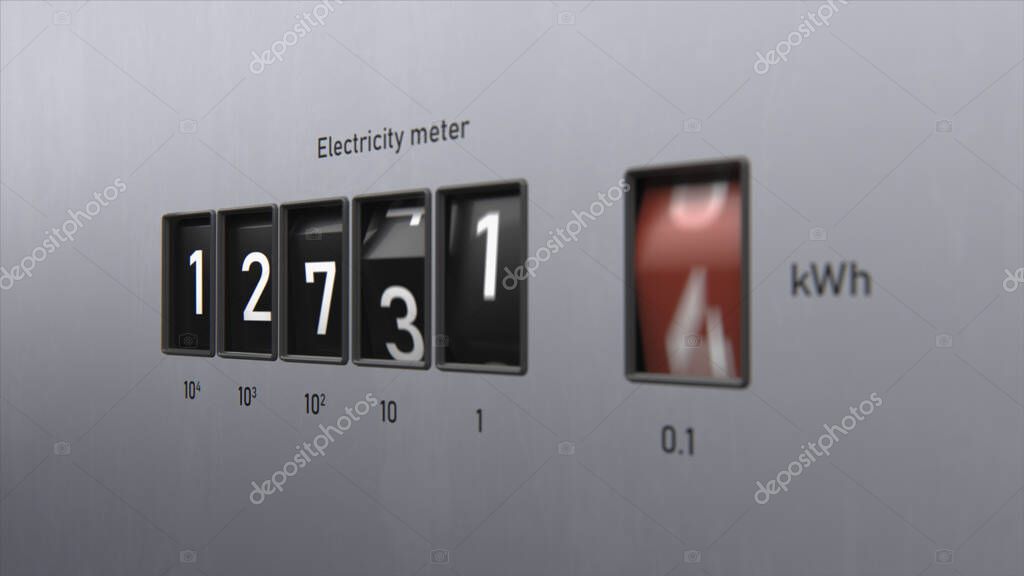 3D animation of electricity meter. Close-up view of kWh counter ...