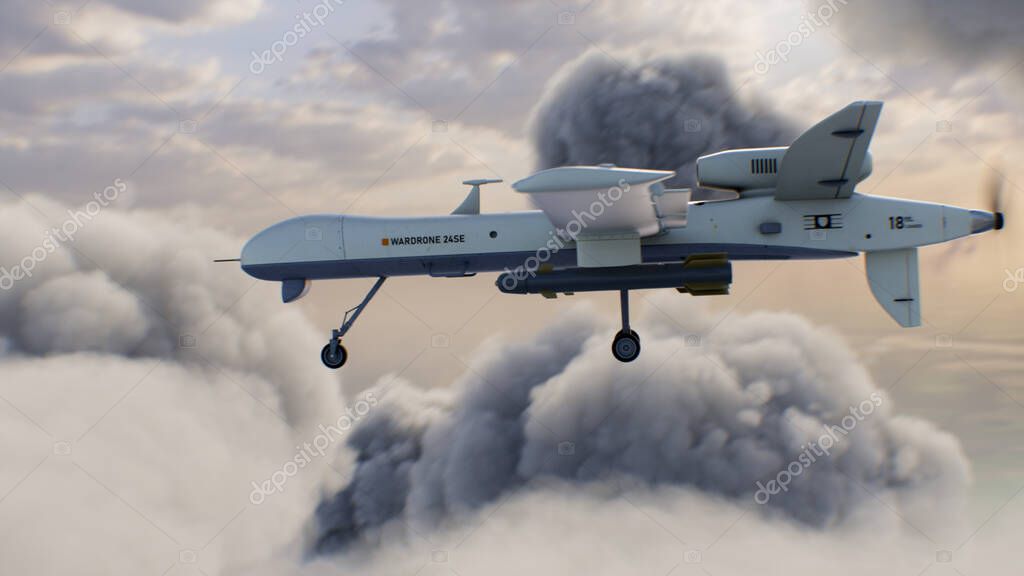 3D animation of military remotely-piloted drone flight. Combat drone ...
