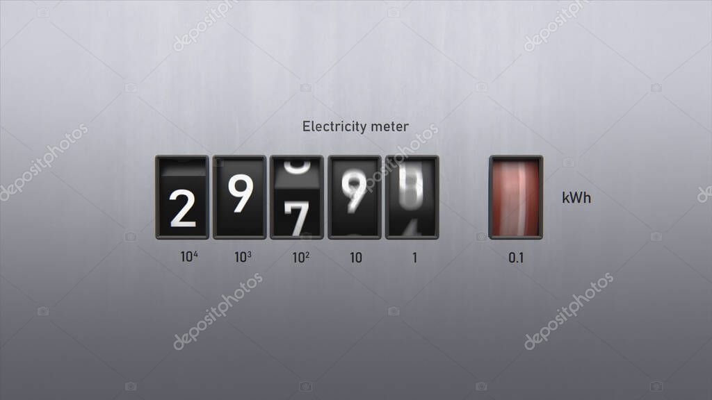 3D animation of electricity meter. Close-up view of kWh counter ...