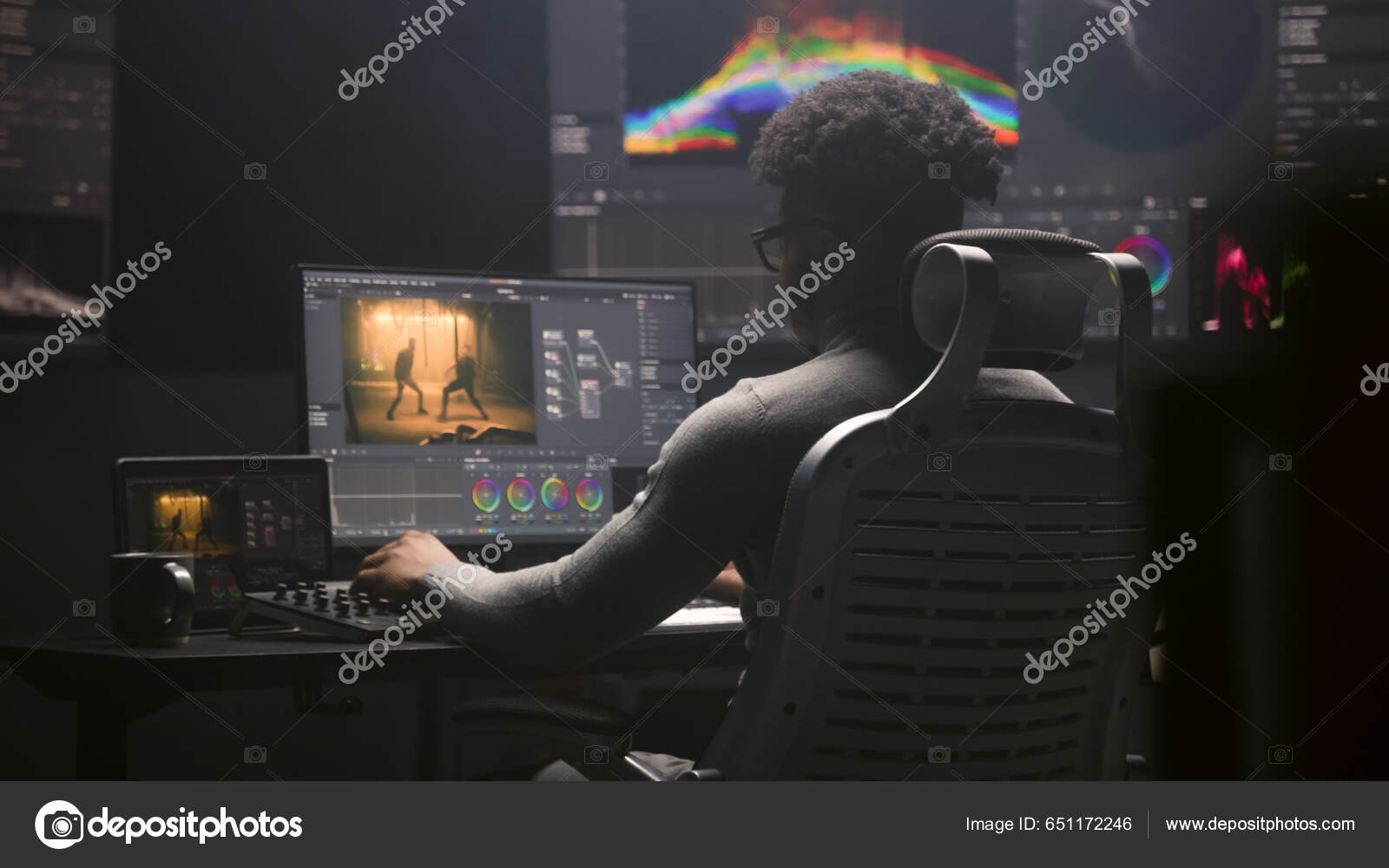 African American Film Editor Does Color Grading Computer Modern Studio ...