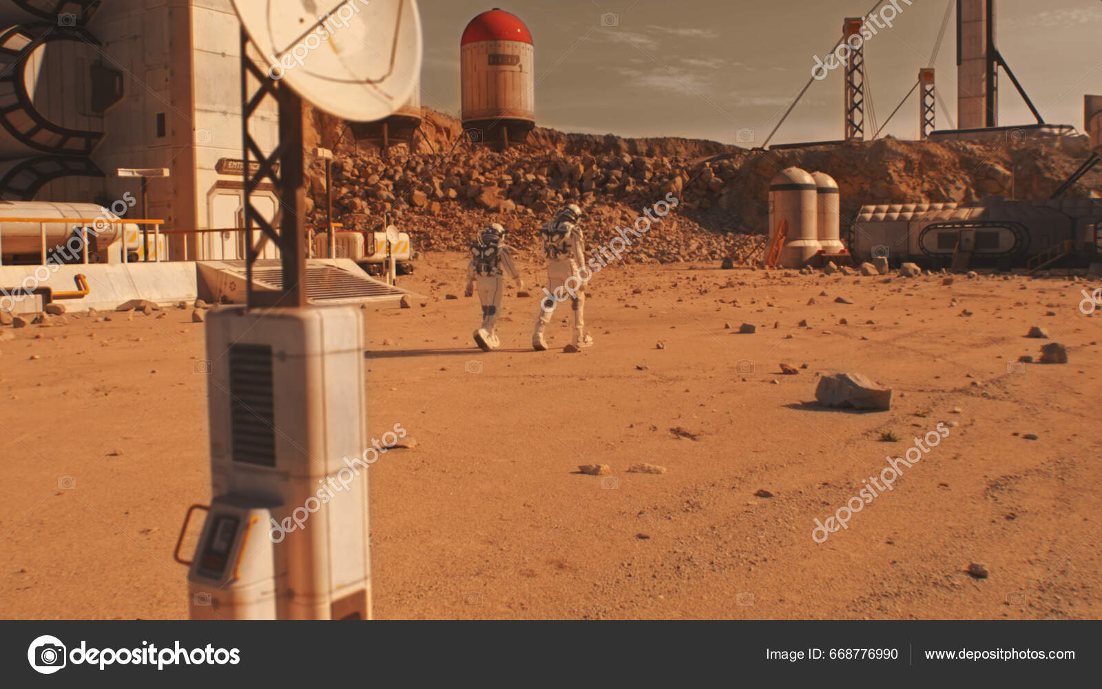 Two Astronauts Scientists Spacesuits Walk Mars Surface Research Station Colony — Stock Photo ...